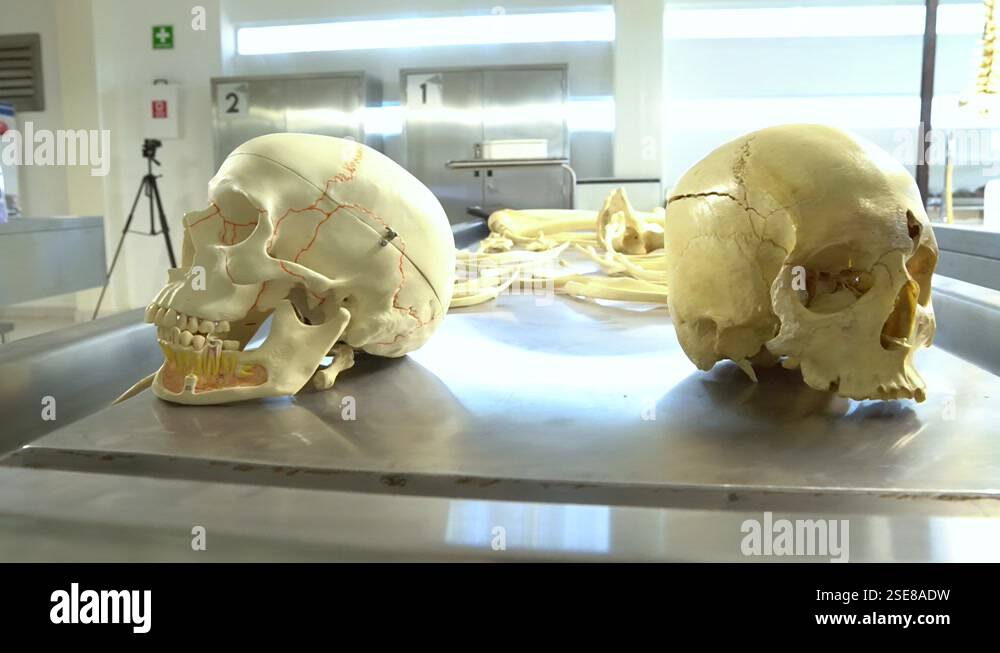 two human skulls and bones on forensic study plate Stock Video Footage ...