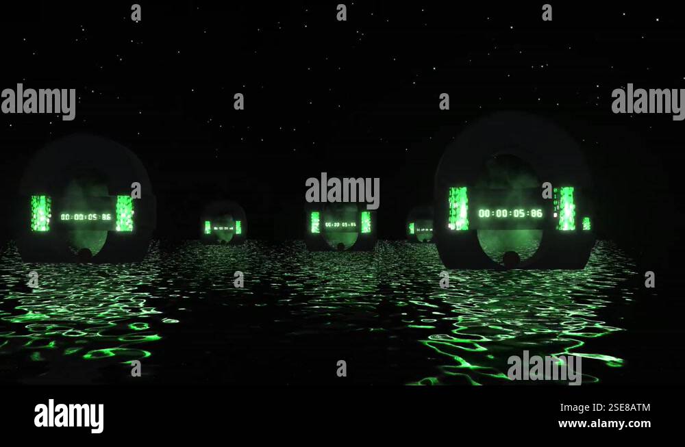 Computer generated screen saver animation with giant O like structures ...