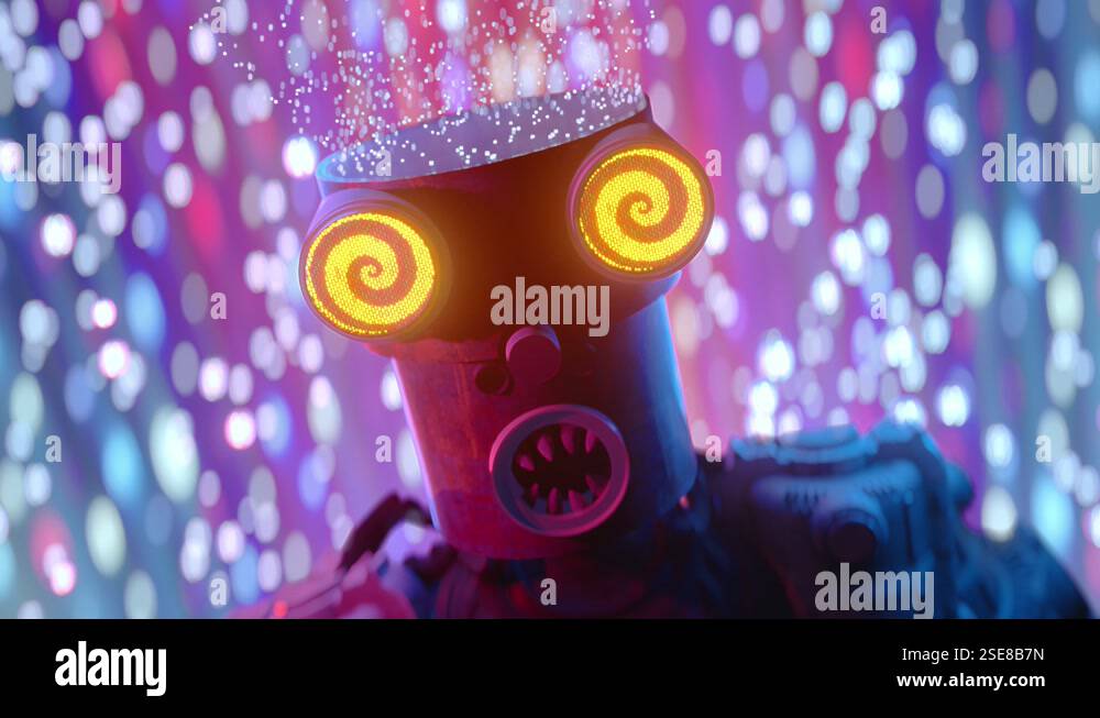 Crazy robot with spiral yellow glowing eyes. Artificial intelligence ...