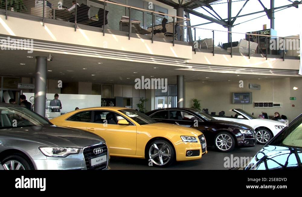 Building of Audi dealership in Krasnodar. Audi cars are on display in ...