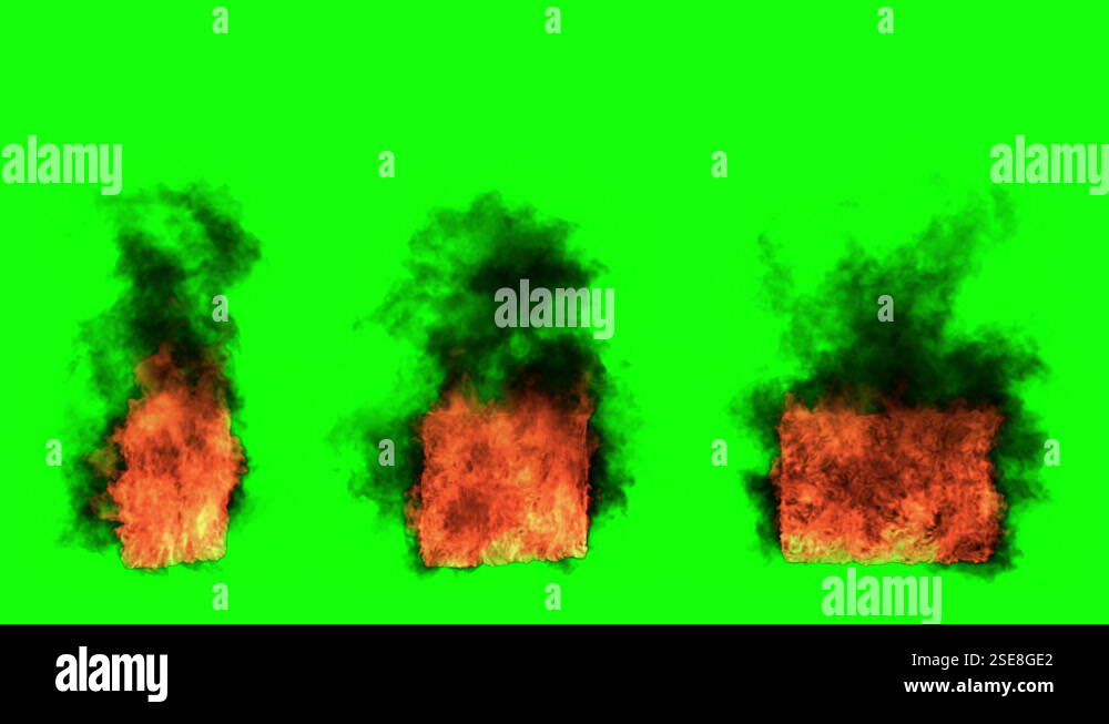 Billboard set on fire and burning isolated on green screen with smoke ...