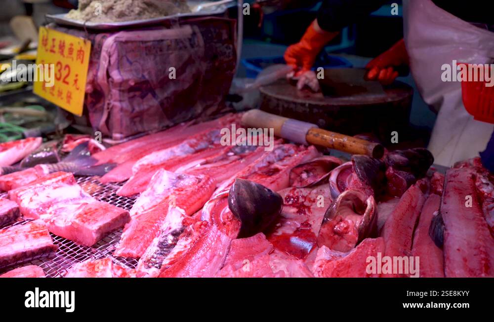 Seafood Butcher Cutting Fish in Asian Seafood Wet Fish Market, Dead Cut ...