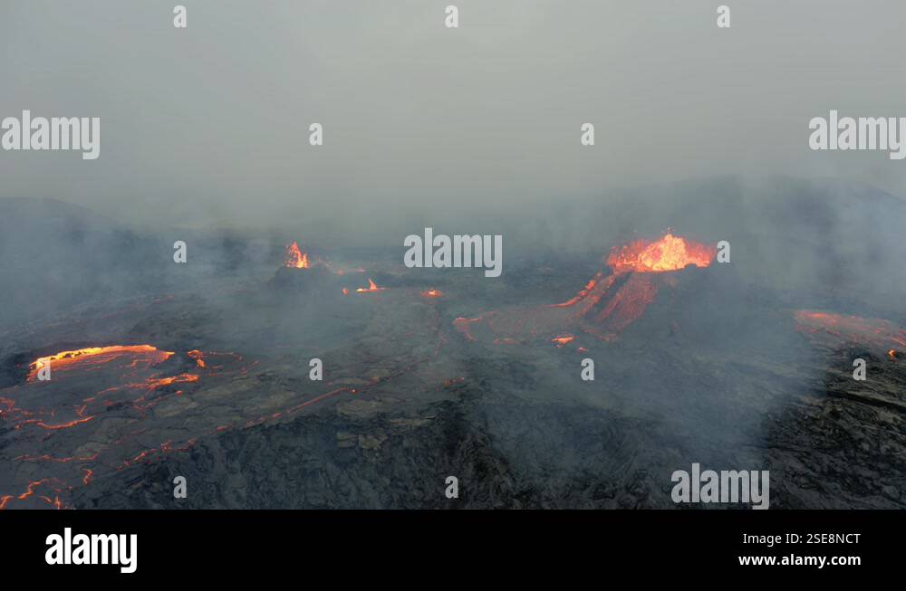 Earth core pressing through crater holes in the volcanic surface ...