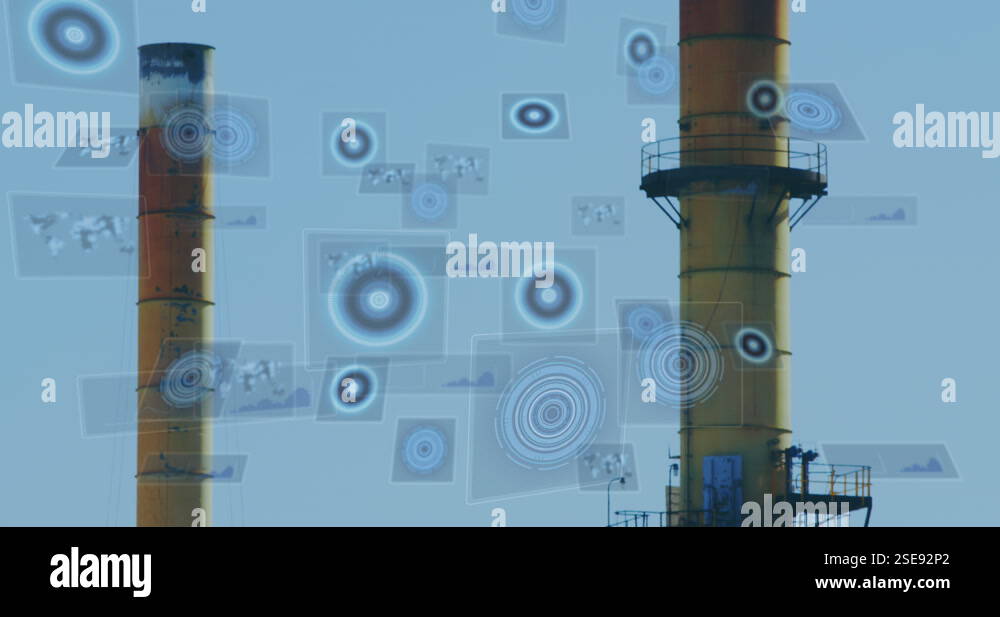 Animation of scopes scanning and data processing on screens over factory Stock Video Footage - Alamy