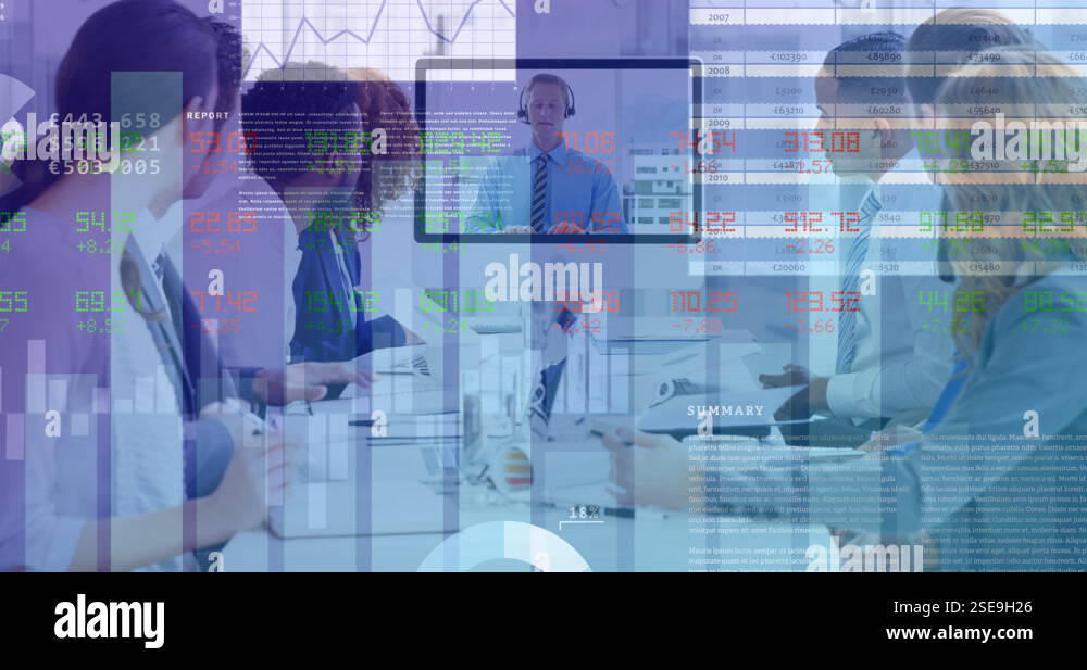 Stock market data processing against business people having a video ...