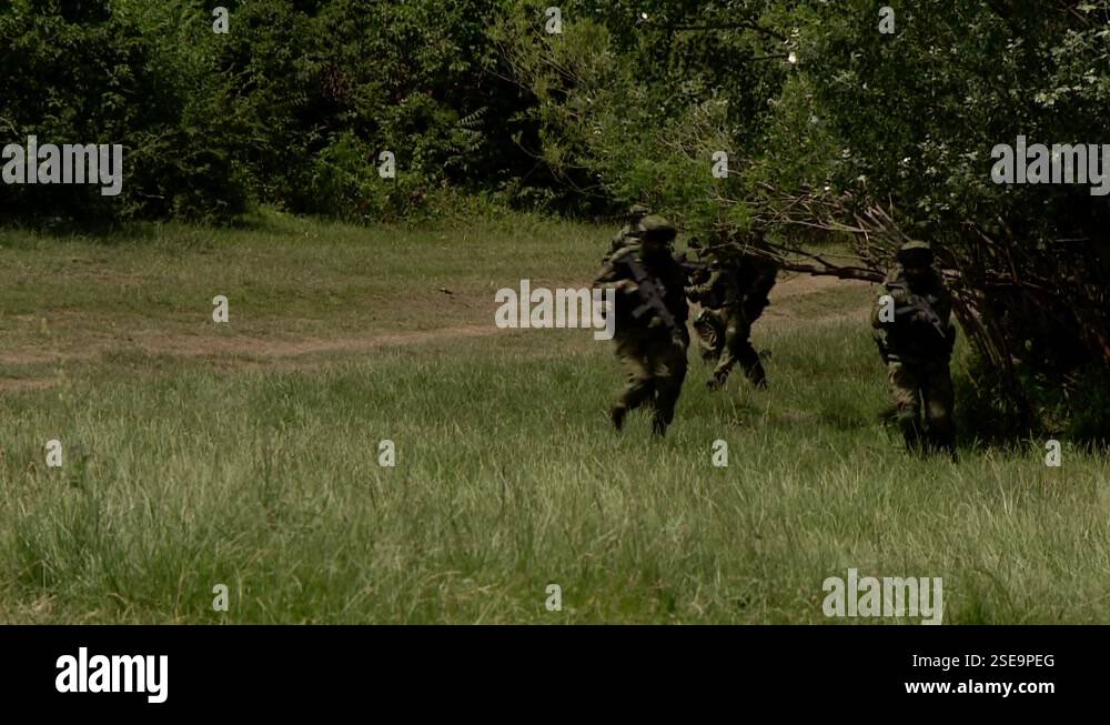 A group of masked military soldiers moving through the forest, the ...