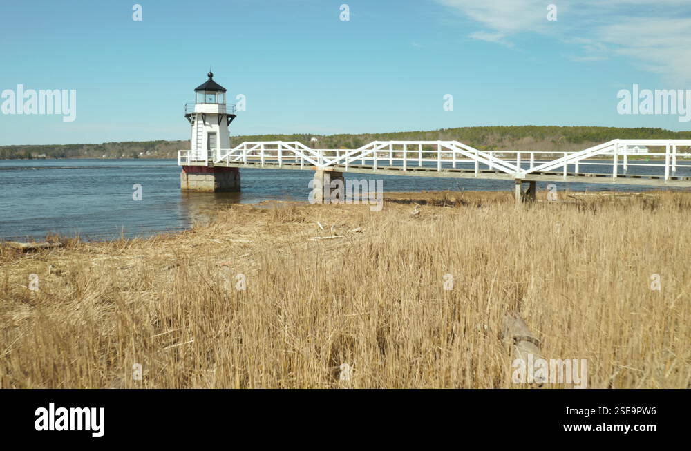 Low Angle Aerial Shot of Doubling Point Lighthouse in Arrowsic, Maine ...
