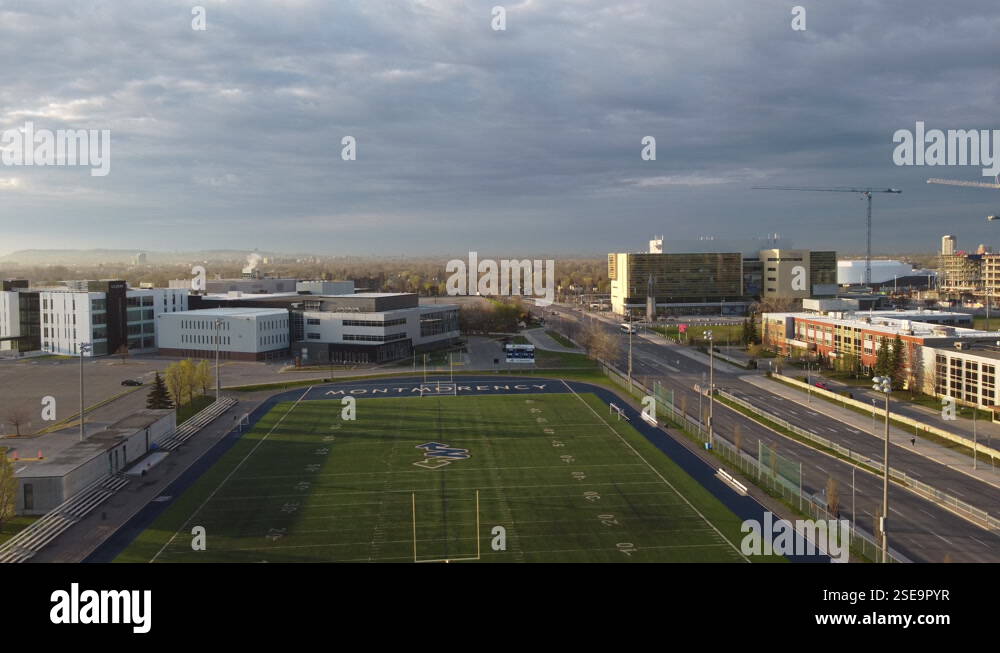 aerial view of urban football field, terrain, playground, university ...