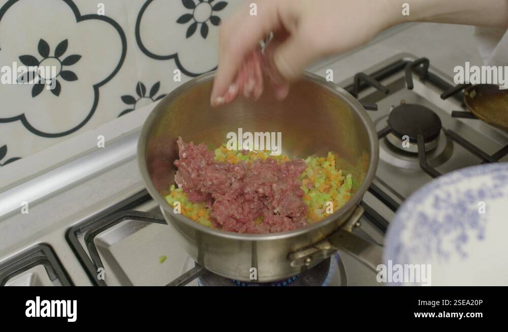 Adding minced meat into cooking pot with mixed vegetables. Close up ...