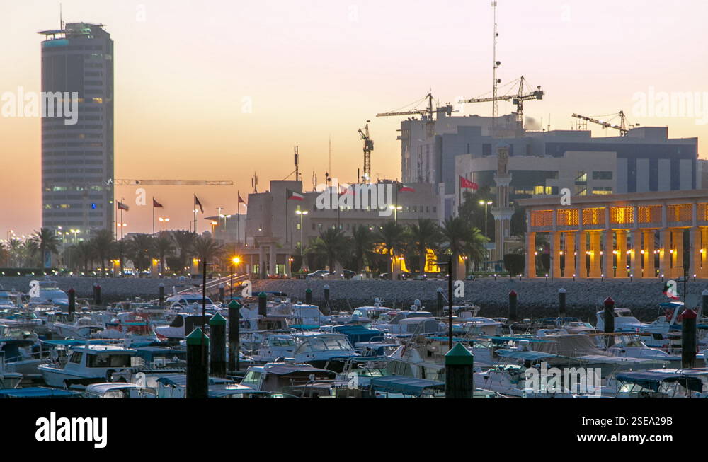 Yachts and boats at the Sharq Marina night to day timelapse in Kuwait ...