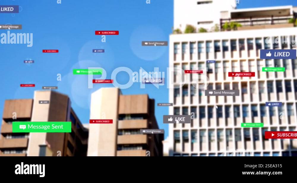 Animation of cursors moving over social media icons and text on multi ...