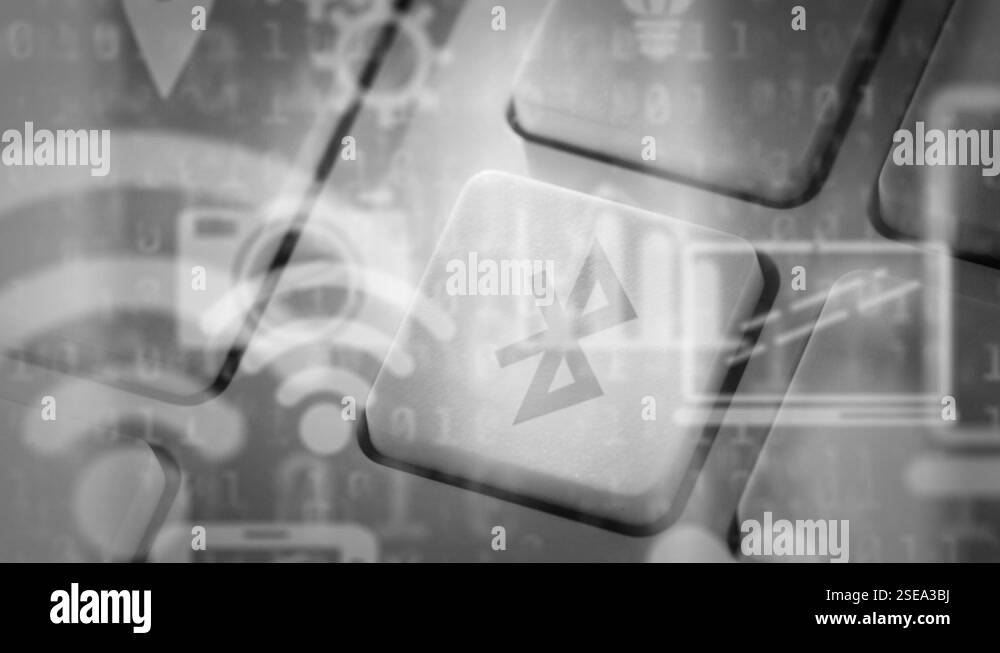 Animation of digital online icons over computer keyboard on grey background Stock Video Footage ...