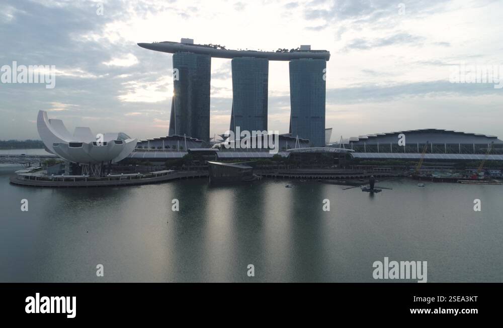 Rising aerial in front of famous Marina Bay Sands hotel in Singapore ...