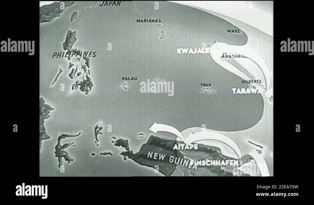 1940s: Map of the Pacific Theatre of WWII. Graphics of the US forces ...