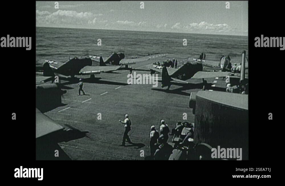 1940s: bombers in sky, planes taking off from aircraft carrier, men ...