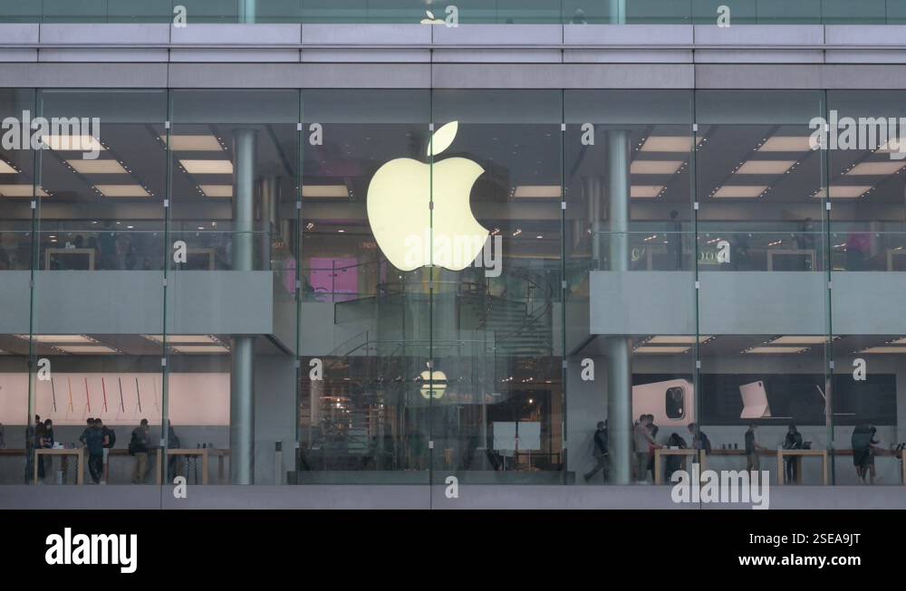 The multinational American technology brand Apple store and logo are ...