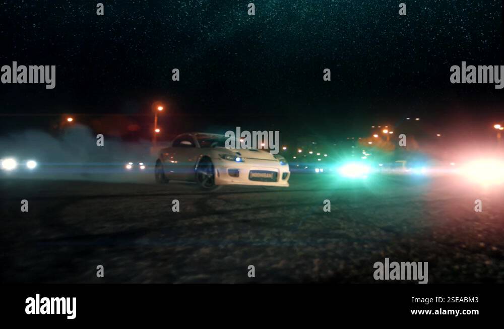 Sports car rides sideways in a drift on a background of the starry sky ...
