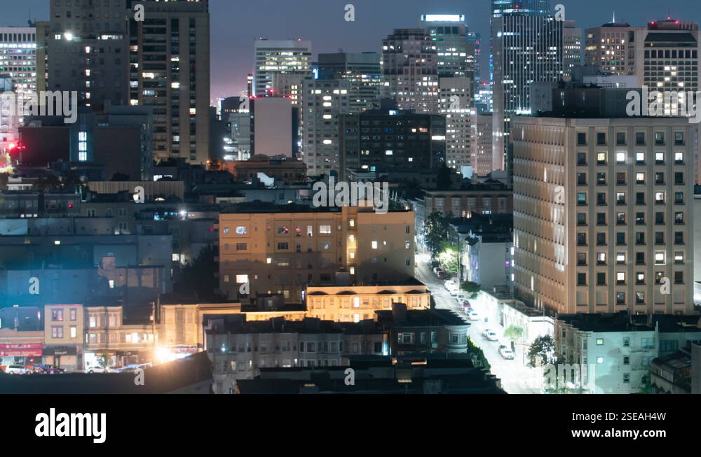 San Francisco Downtown and Lower Nob Hill Buildings Night Cityscape ...