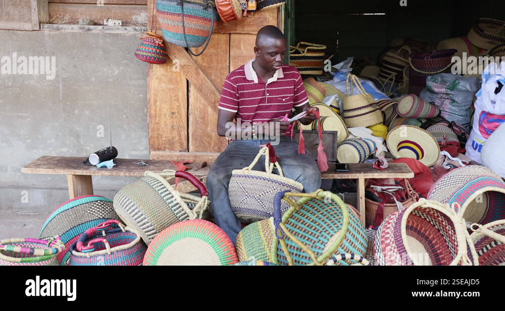 Man weaver labor making grass baskets northern Ghana Africa 4K Stock ...