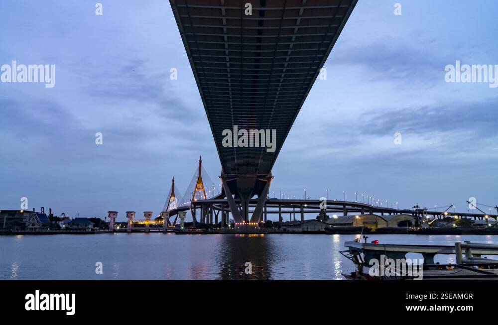 Bhumibol Bridge; Chao Phraya River Bridge Open many lights at night ...