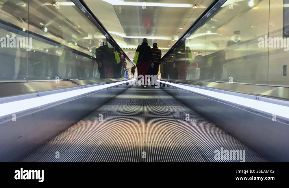 Travelator in the Paris subway passage. Side view from the bottom ...
