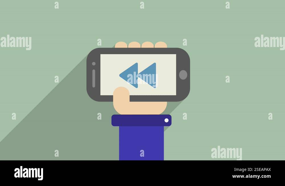 The drawn hand of a man is holding a phone with a rewind arrow image ...