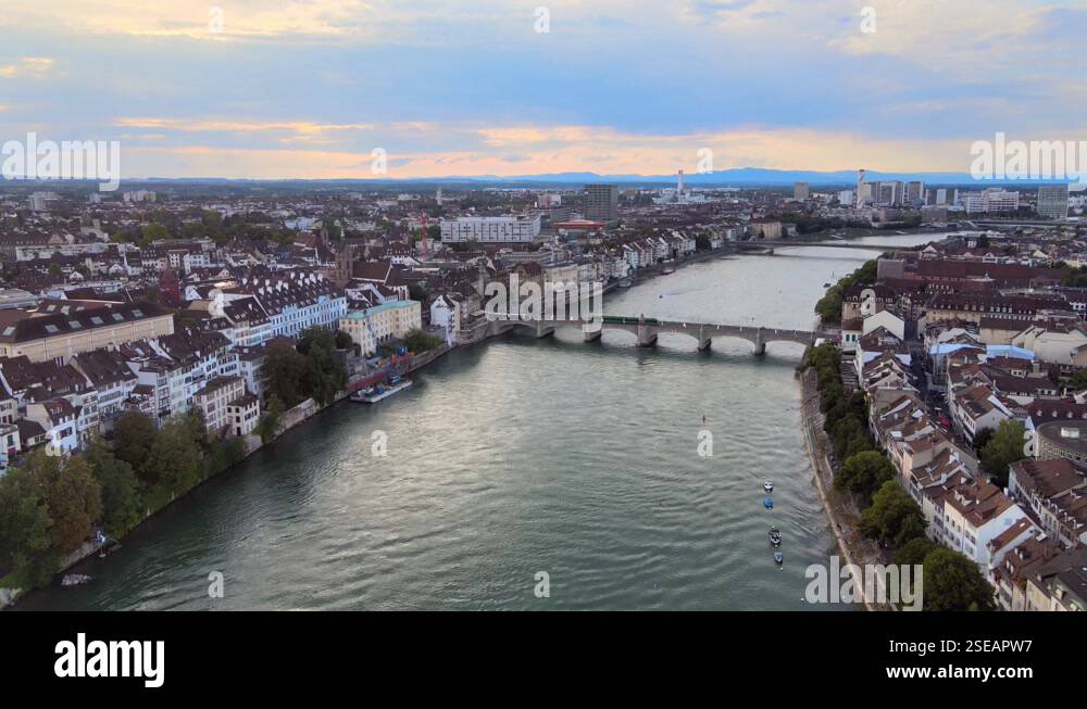 River Rhine in the city of Basel Switzerland - aerial view in the ...