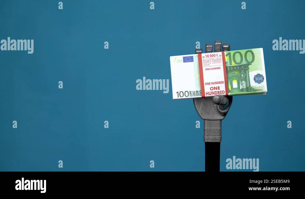 A mechanical hand holds a bundle of euros. A gray cyborg hand holds ...