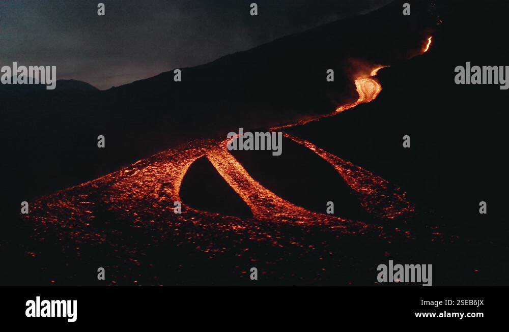 Lava flow from Pacaya volcano eruption in Guatemala. Drone aerial shot ...