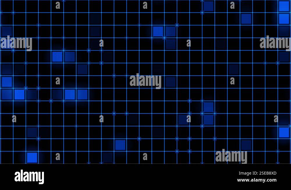 The black background is divided into squares that flash with blue neon ...