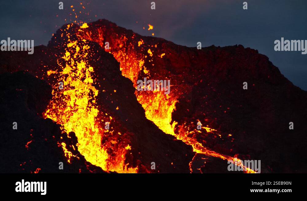 Lava explosion at volcanic eruption near Fagradalsfjall, Iceland in the ...