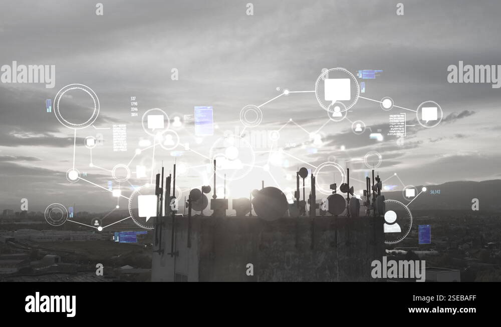 Digital communication network behind high-rise building with numerous ...