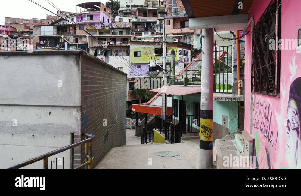 Establishing Shot of Electric Escalator in Comuna 13 Shanty Town Stock ...