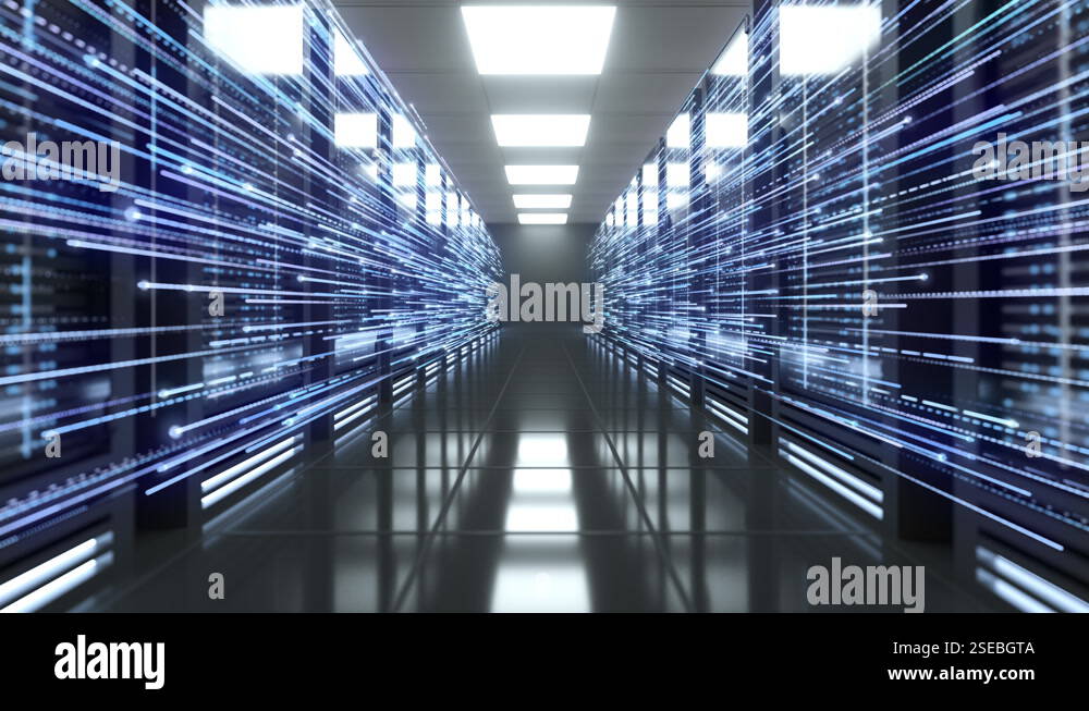 Digital blue line information flying in data centers with ig server ...