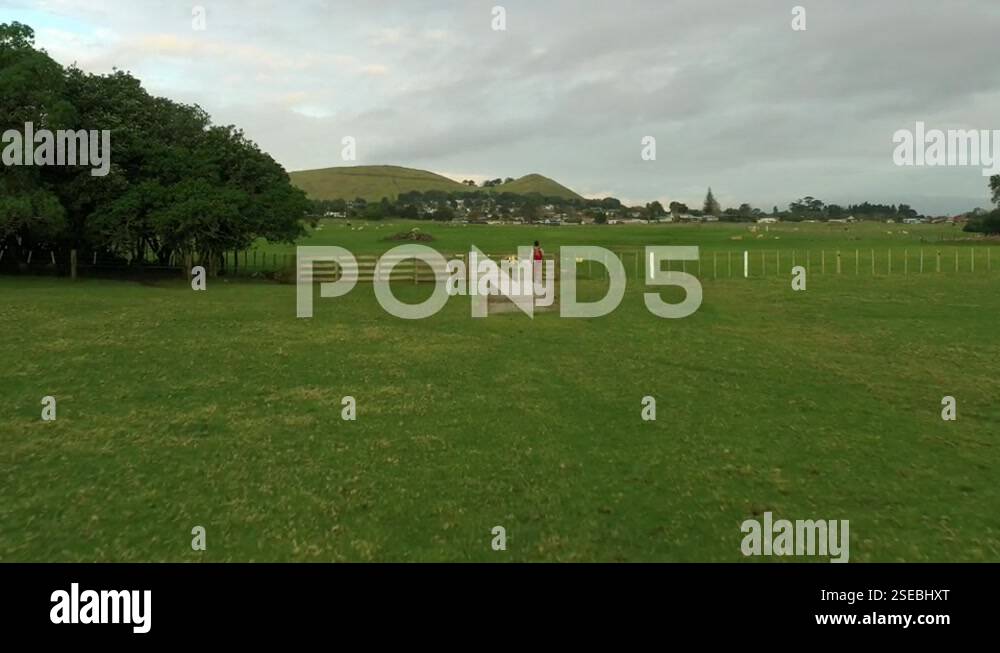 A man entering a gate to the sheep park. Drone footage of a sheep park ...