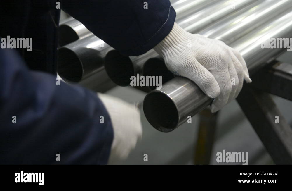 Stainless steel pipes are finished product of metal rolling in factory ...
