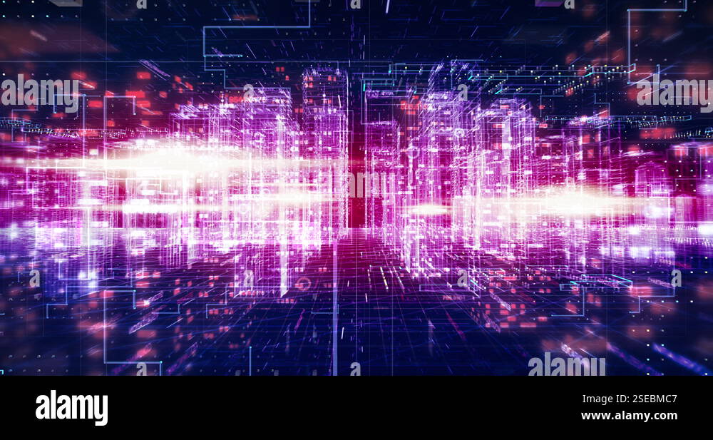 Flying Futuristic High Tech City With Circuits. Computer Codes And ...