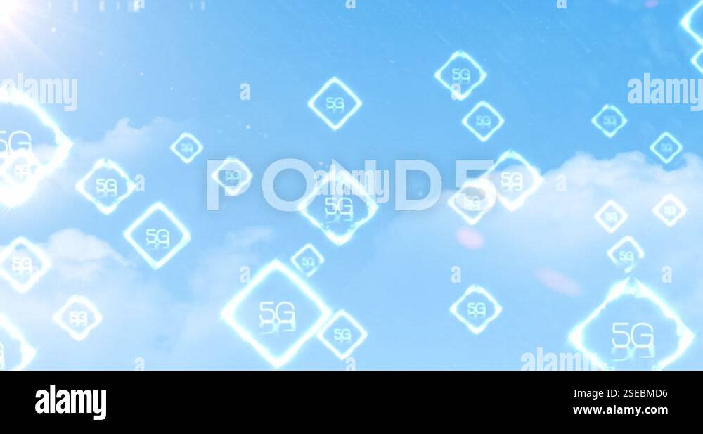 Digital animation of multiple 5g text floating against clouds in blue ...