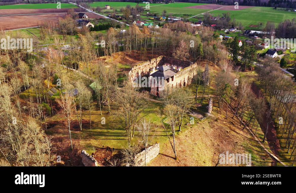 Bird's Eye View Of The Ruins Of Rauna Castle In Rauna Village In ...