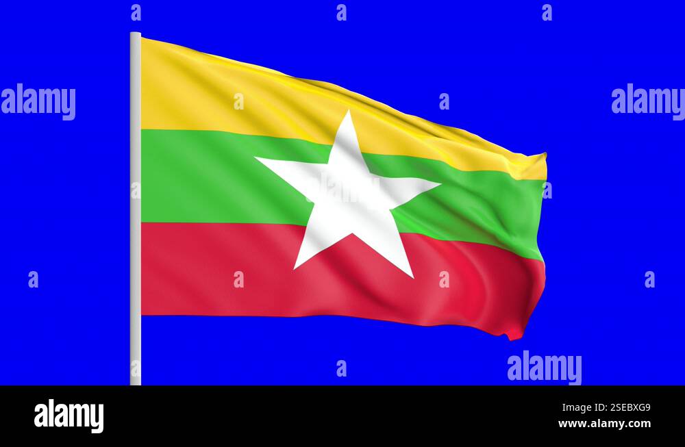 National Flag Of Myanmar (Burma) Waving In The Wind on Blue Screen With ...