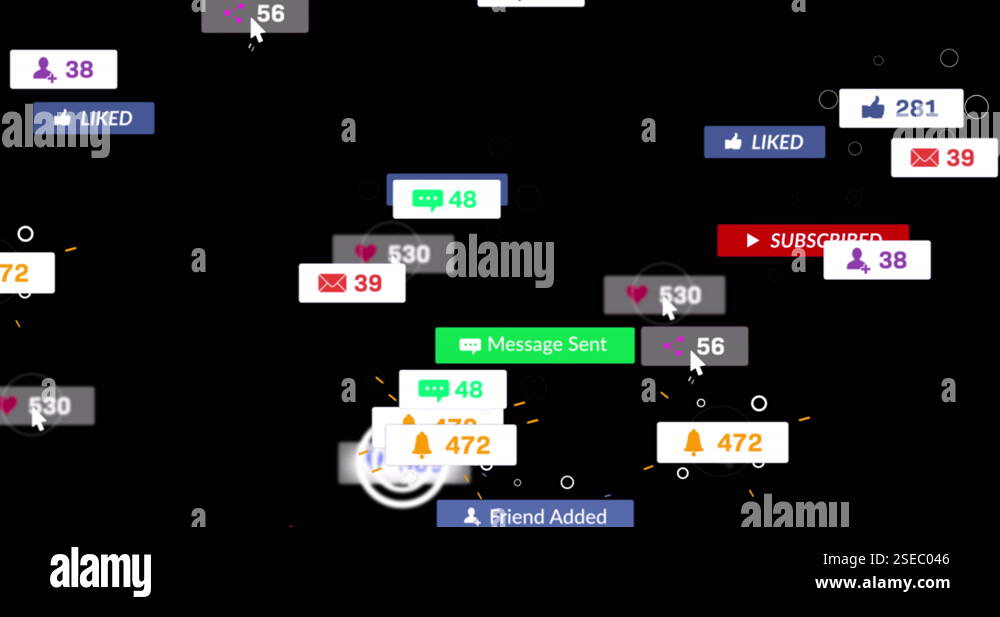 Animation of social media text on banners with cursors over black ...