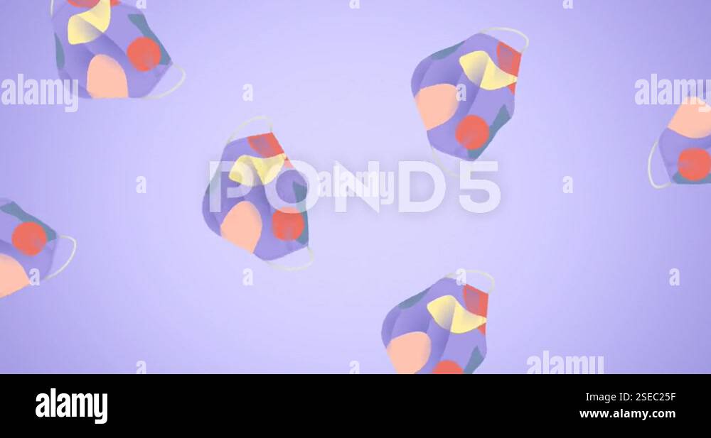 Animation of no entry sign over covid 19 cells and face masks on purple ...