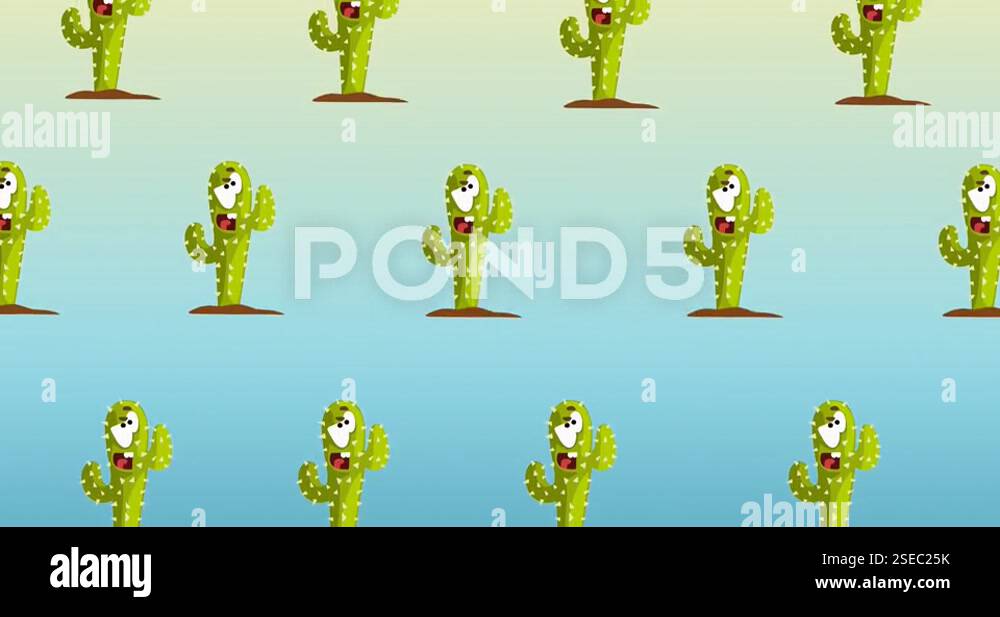 Composition of rows of cacti with faces moving on blue background Stock ...