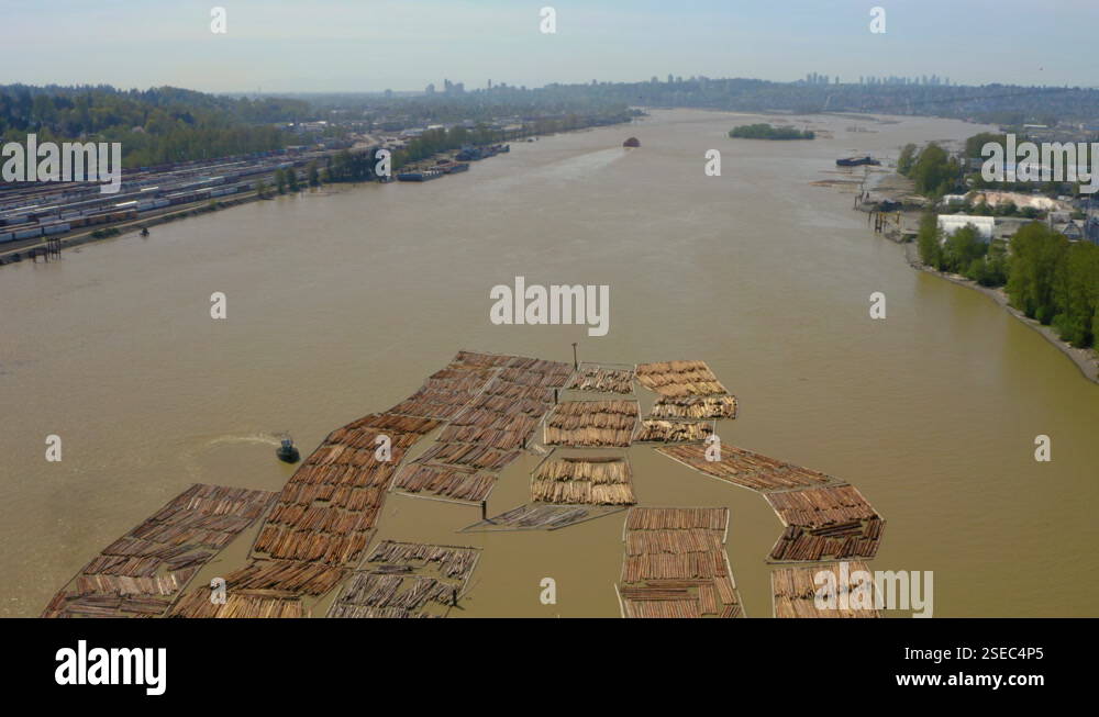 Aerial view of log booms floating in the Fraser River in Vancouver ...