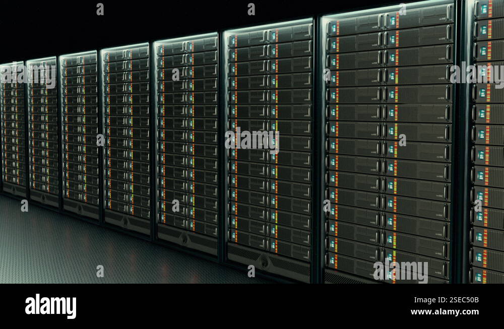 Datacenter with endless servers. Futuristic network and information ...