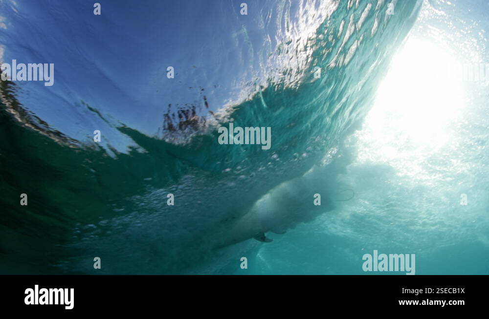 Close-Up Shot Of Tourist Surfing Over Waves In Ocean, Sunlight Falling ...