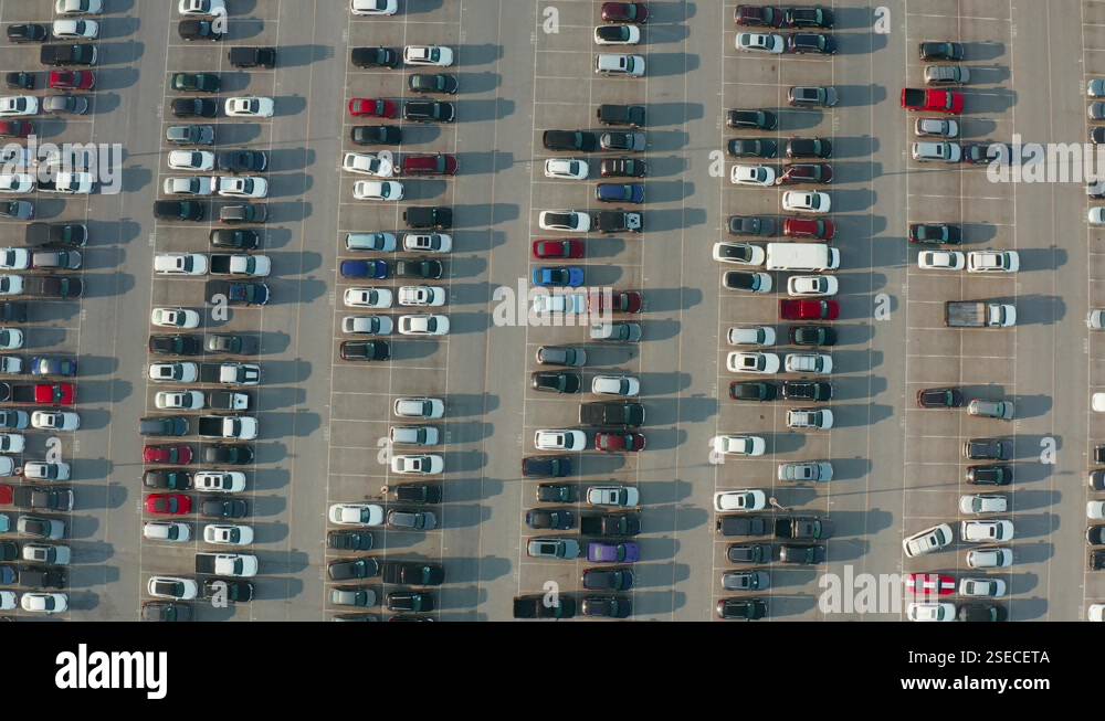 Parking lot full of cars. Vehicle, SUV, truck, auto lines and rows ...