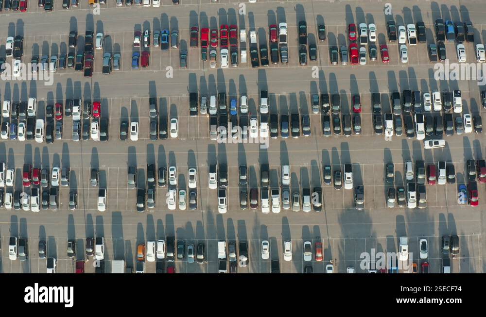 Aerial tilt up reveals parking lot full of new cars at auto auction in ...