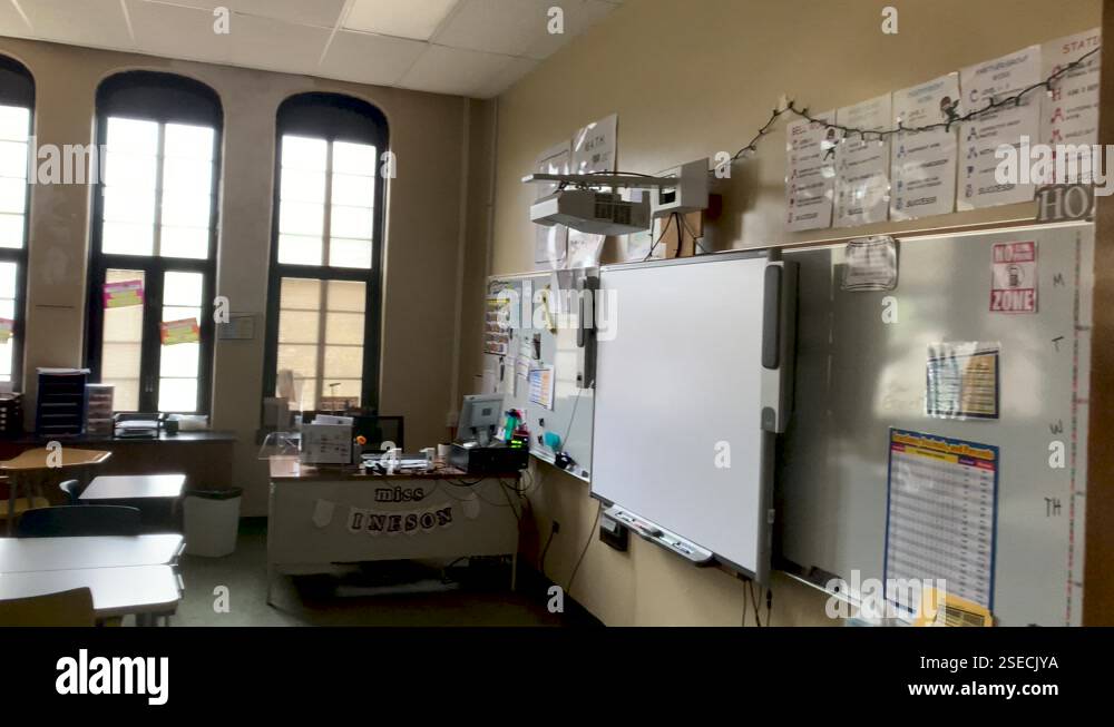Looking into an empty classroom through a glass window Stock Video ...