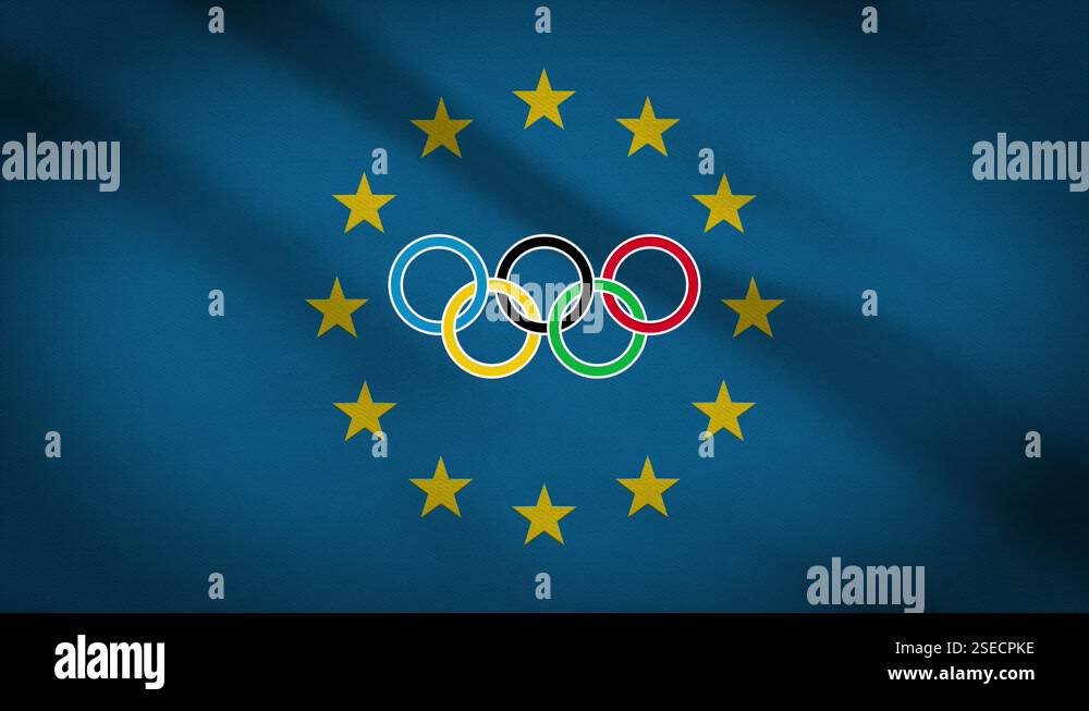 Waving flag of the European Union with five-ringed symbol of the ...